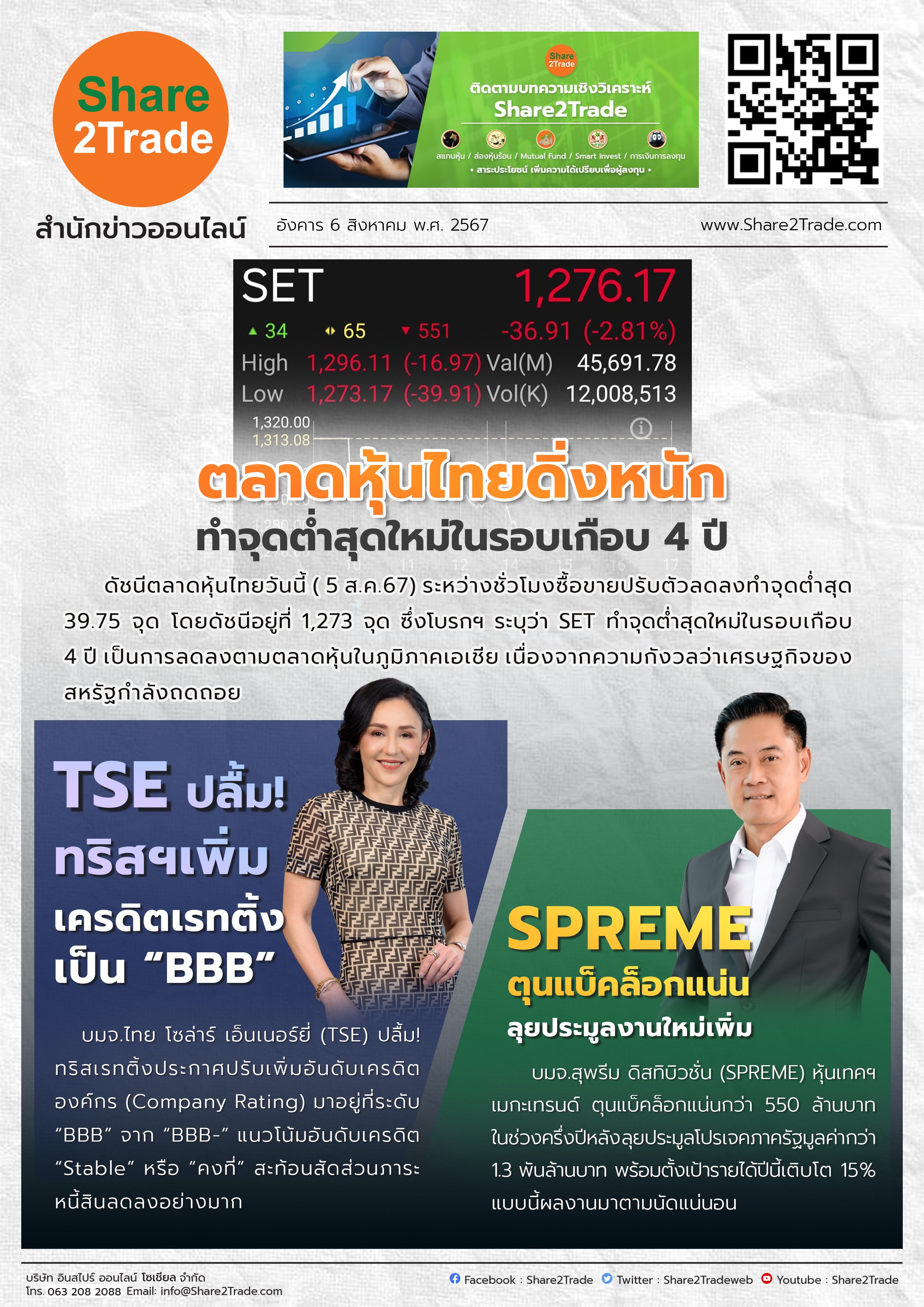 หนังสือพิมพ์อิเล็กทรอนิกส์ Share2Trade 6 ส.ค. 2567 (TSE, SPREME) | Share2Trade
